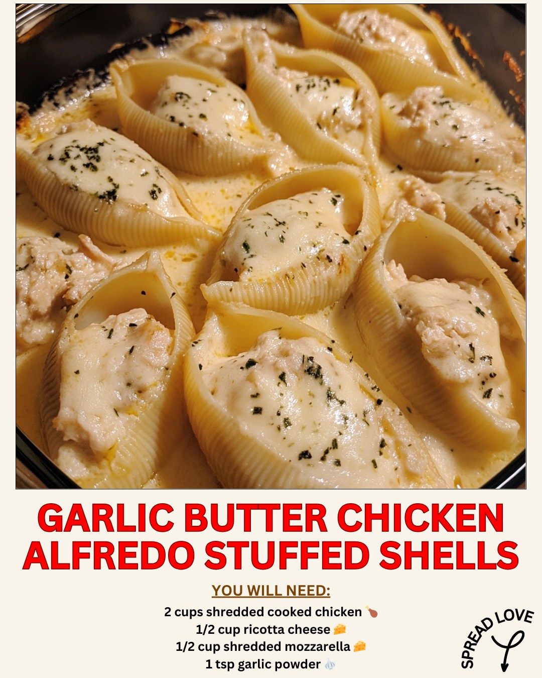 Garlic Butter Chicken Alfredo Stuffed Shells - Junior Daily Recipes